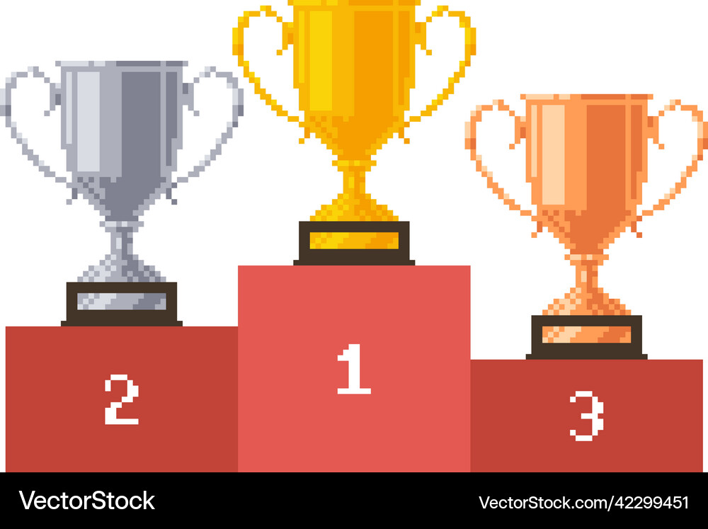 Pixel podium with trophy cups goblets on pedestal Vector Image