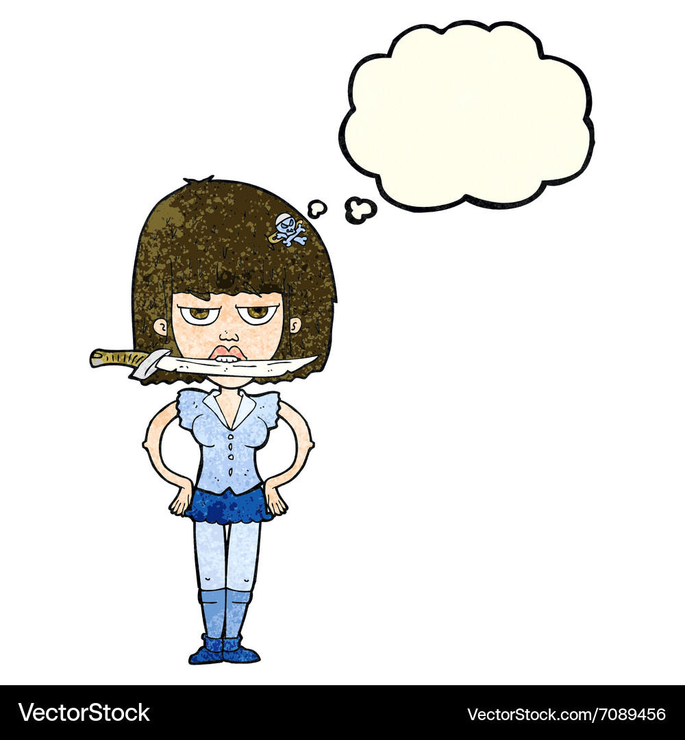 Cartoon woman with knife between teeth Royalty Free Vector