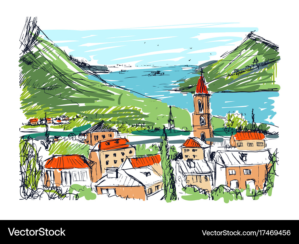 Colored hand drawn landscape with old georgian Vector Image