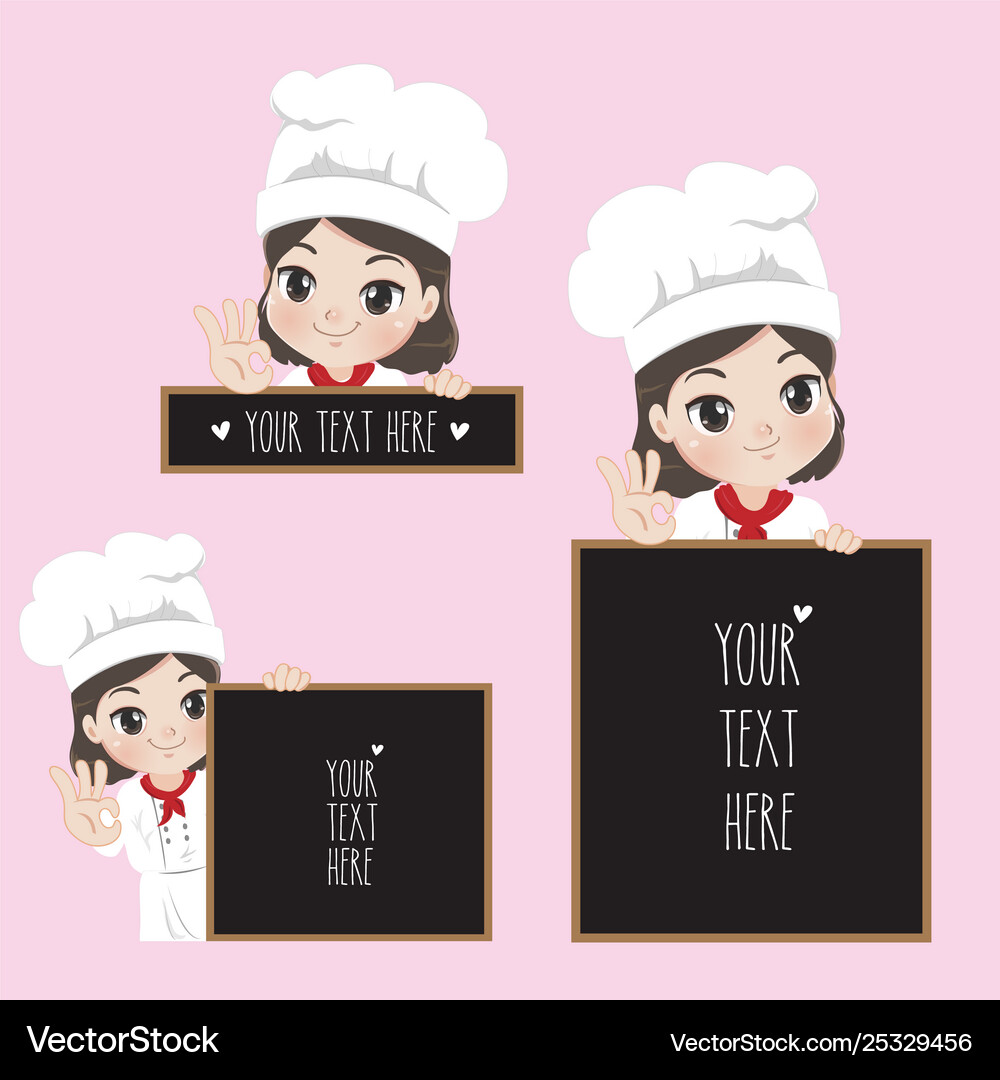 Female chef holds a signage Royalty Free Vector Image
