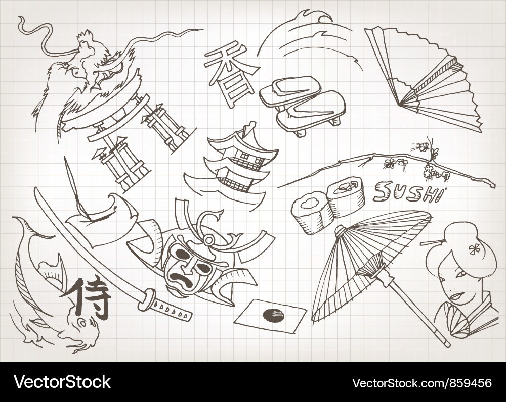 Funny hand drawn japanese doodles Royalty Free Vector Image