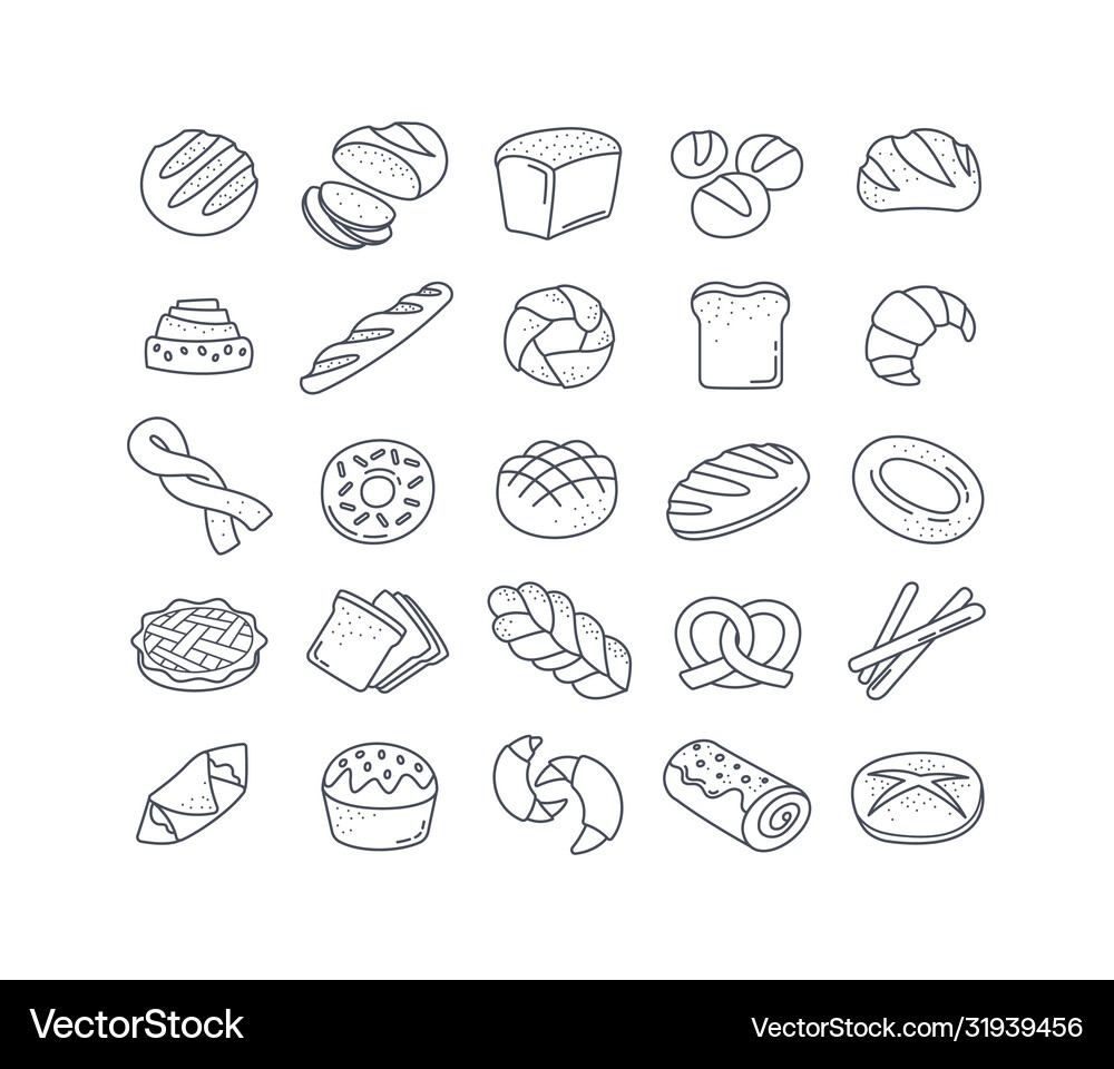 Large set 25 black and white bread icons Vector Image