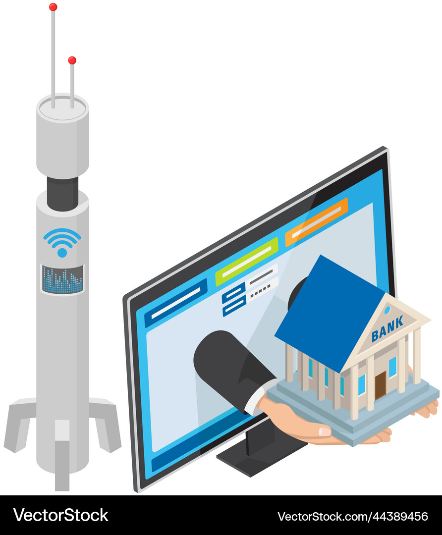 Online banking process with hands holding bank Vector Image