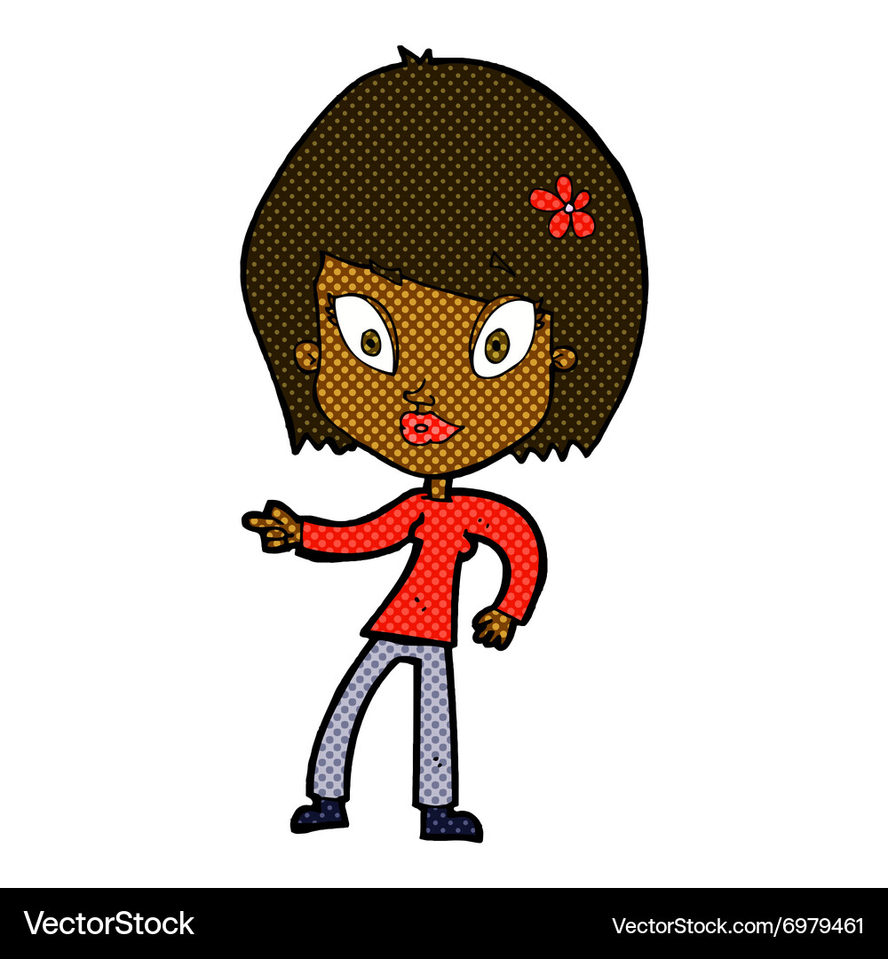 Comic cartoon pretty woman pointing Royalty Free Vector