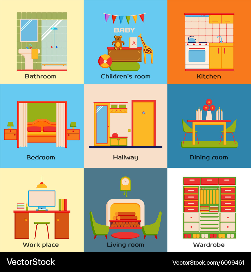 Set of interior design home rooms flat Royalty Free Vector