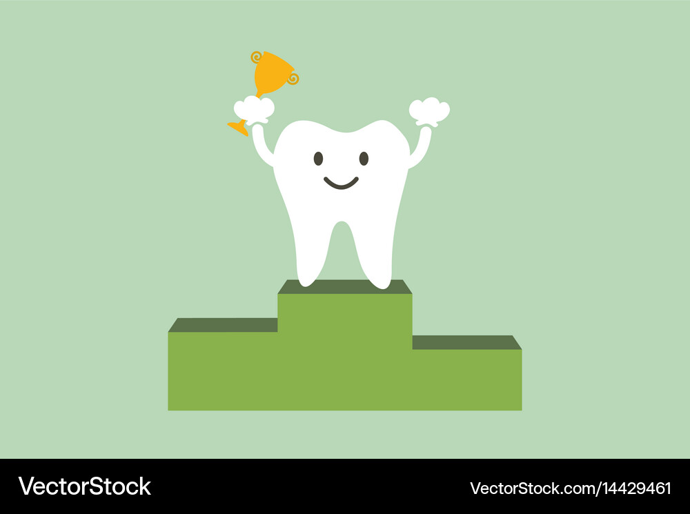 Tooth showing gold trophy on podium winners Vector Image