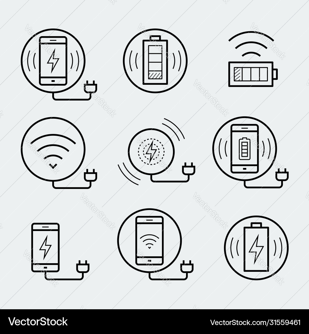 Wireless charger for smartphone or tablet icon set