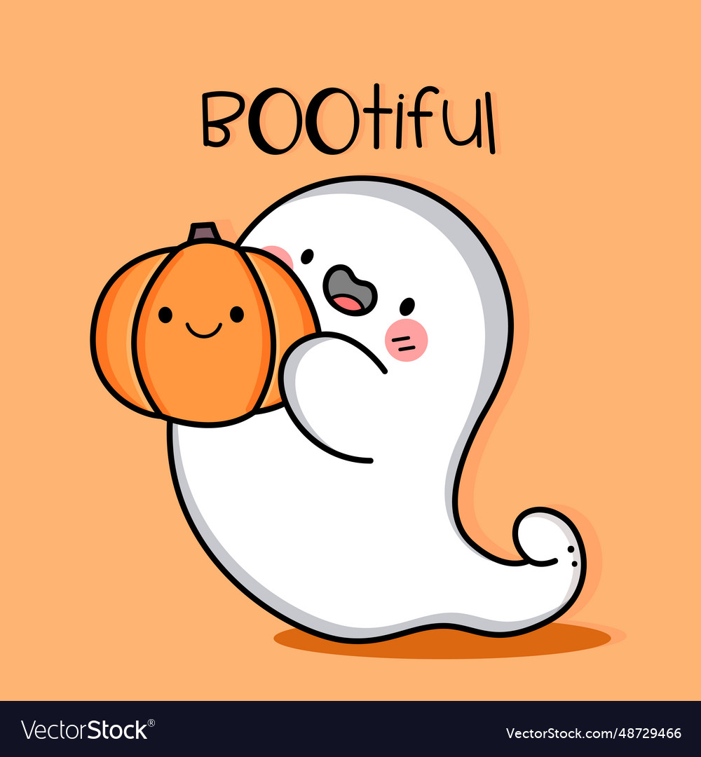 Cute kawaii ghost holding pumpkin bootiful text Vector Image