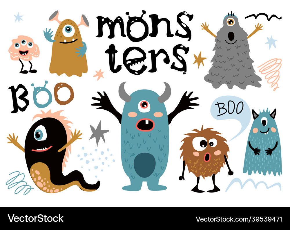 Cartoon furry monsters cute creatures with fun Vector Image