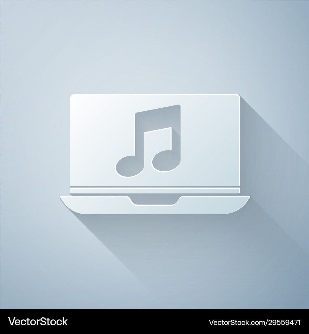 Paper cut laptop with music note symbol on screen Vector Image