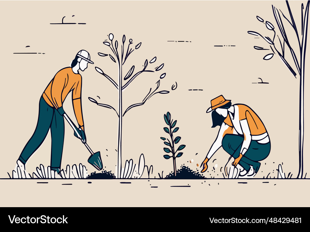 Man digging ground using shovel and woman watering