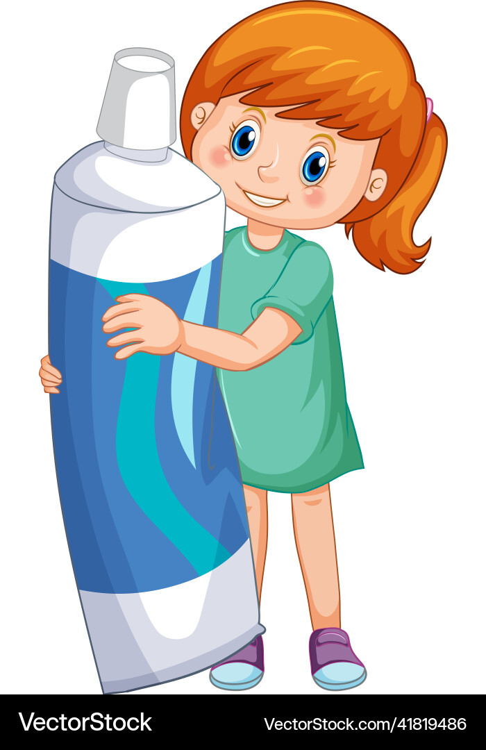 A little girl holding toothpaste on white Vector Image