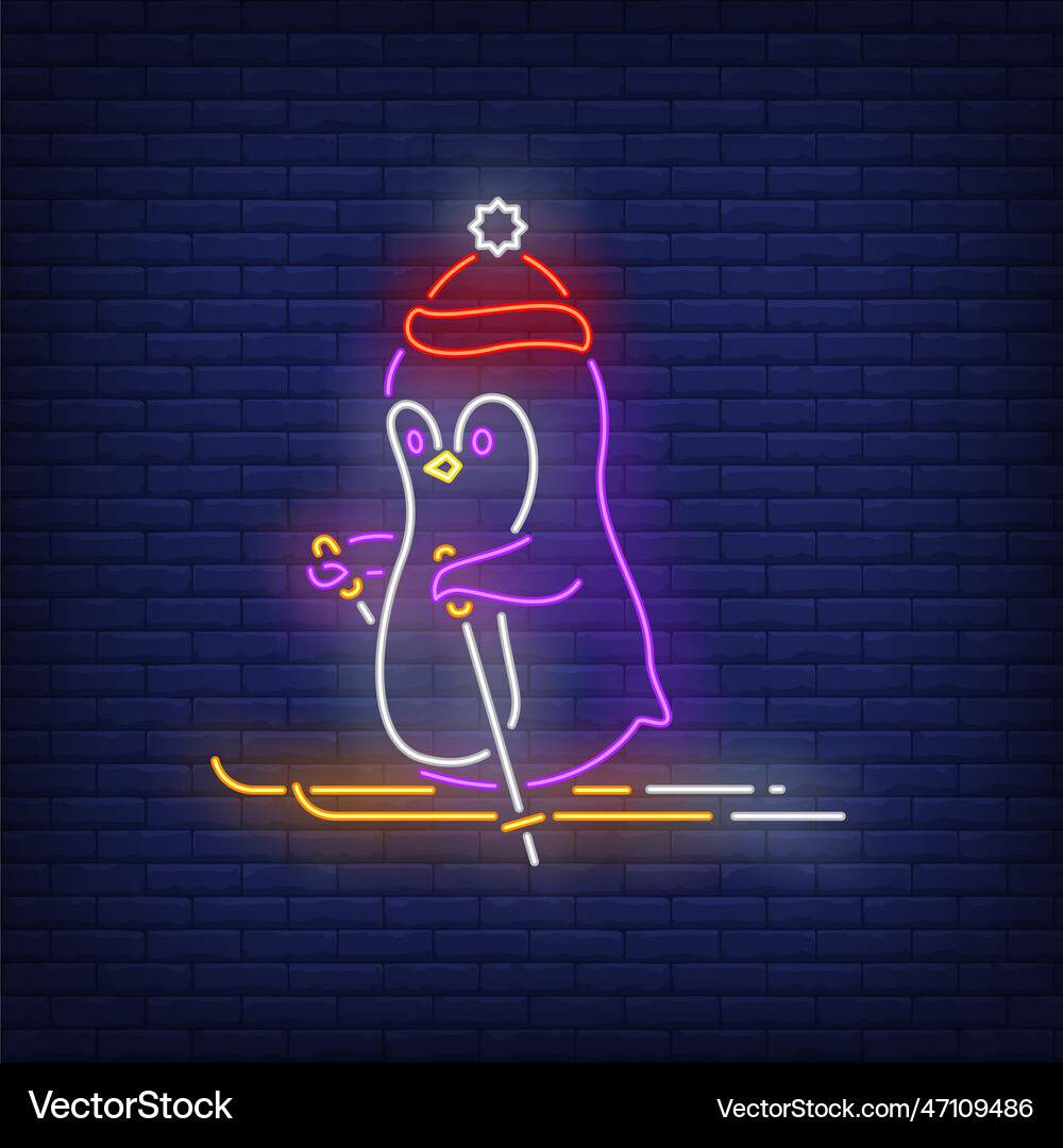 Penguin in skis neon sign Royalty Free Vector Image