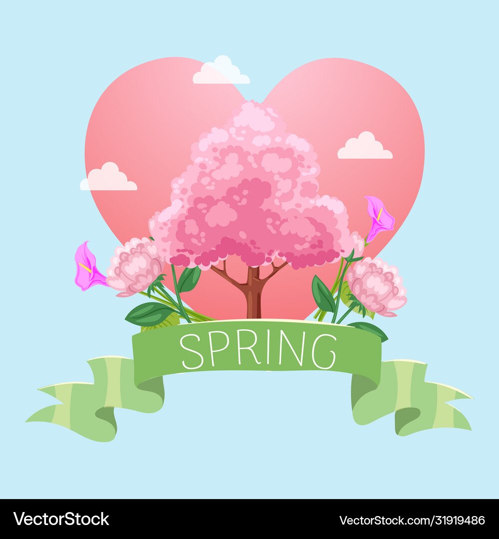 Spring written ribbon card red heart pink tree Vector Image