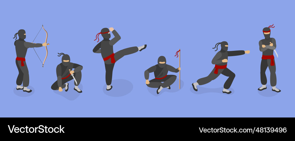 3d isometric flat set of ninja warriors Royalty Free Vector