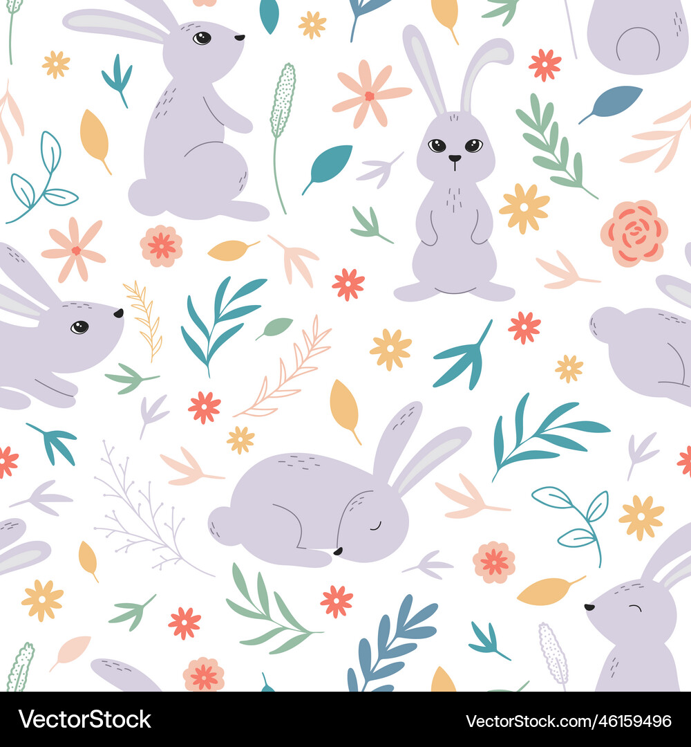 Bunny with flowers and herbs background Royalty Free Vector