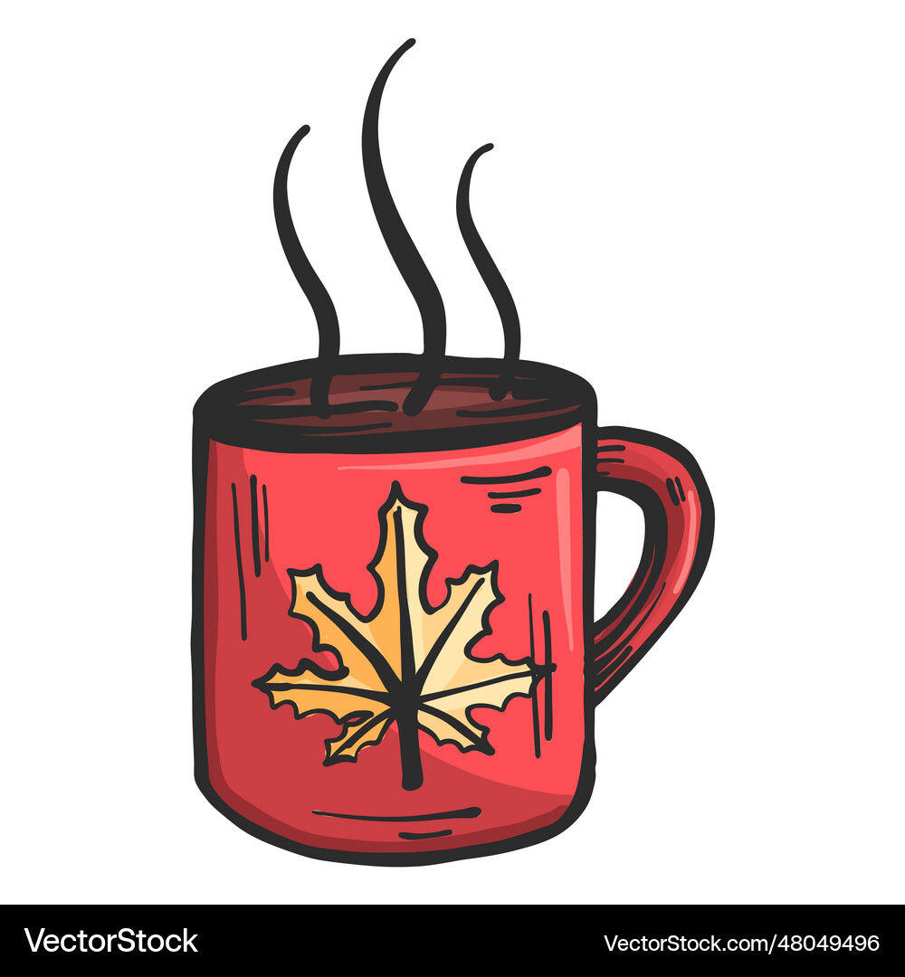 Cup steam leaf maple colored sketch Royalty Free Vector