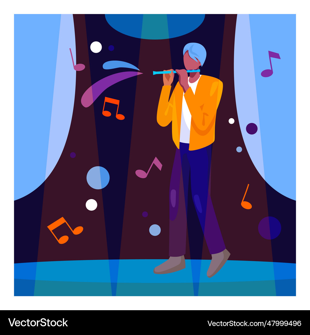 Professional musician playing flute on stage Vector Image
