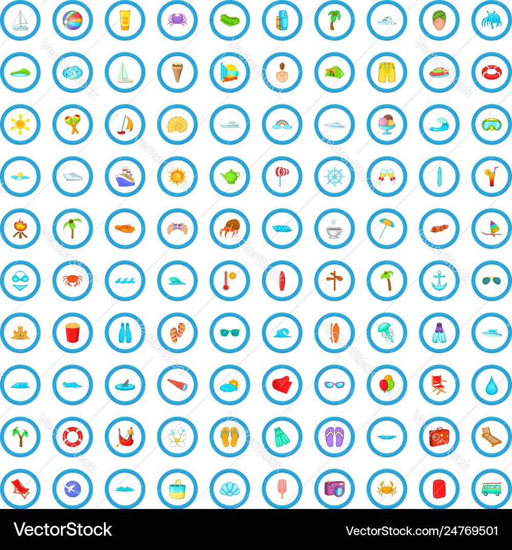 100 recreation icons set cartoon style Royalty Free Vector