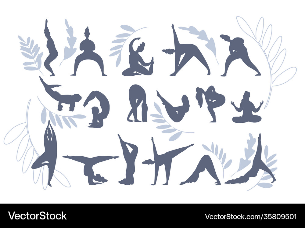 Set Yoga Silhouettes Isolated On White Background Vector Image