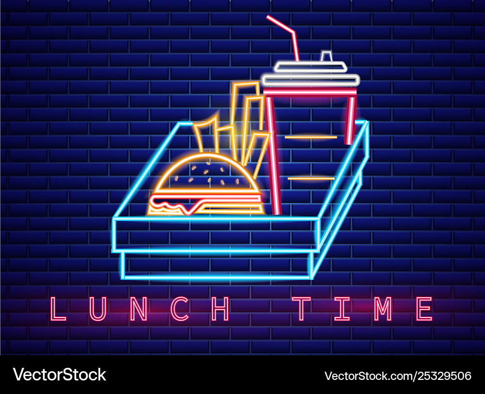 Fast food lunch menu neon billboard Royalty Free Vector