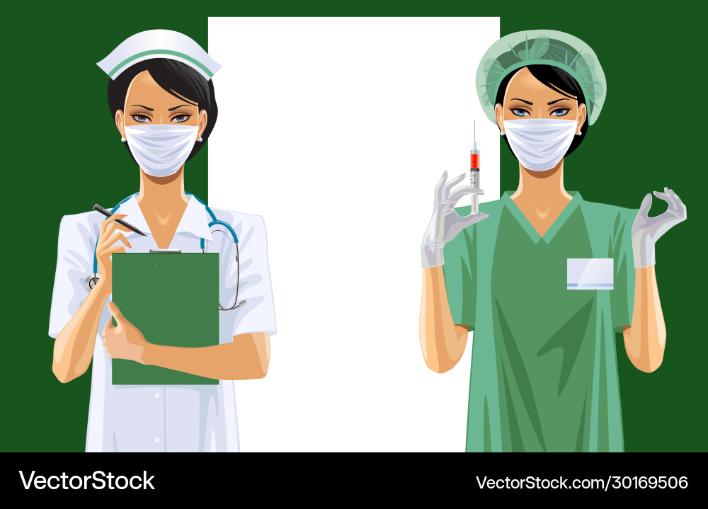 Two nurses in uniform and medical icon set Vector Image
