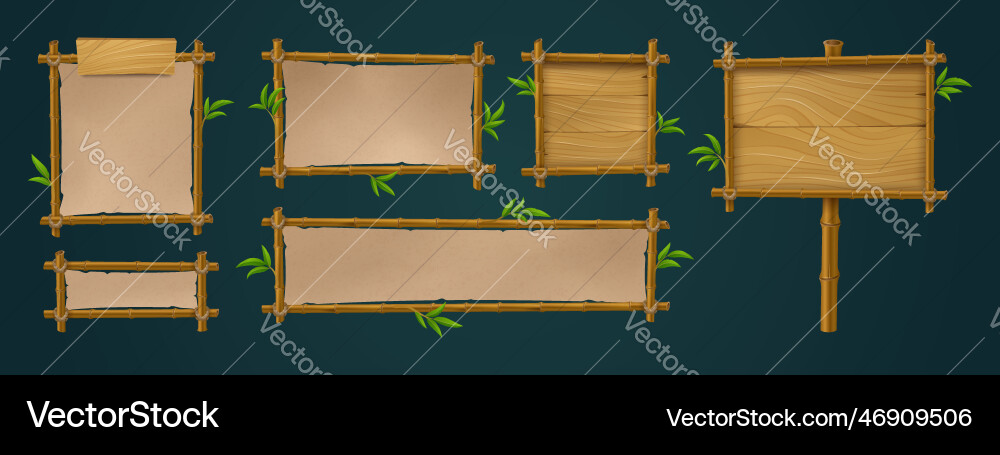 Wooden bamboo sign board frame game ui set Vector Image