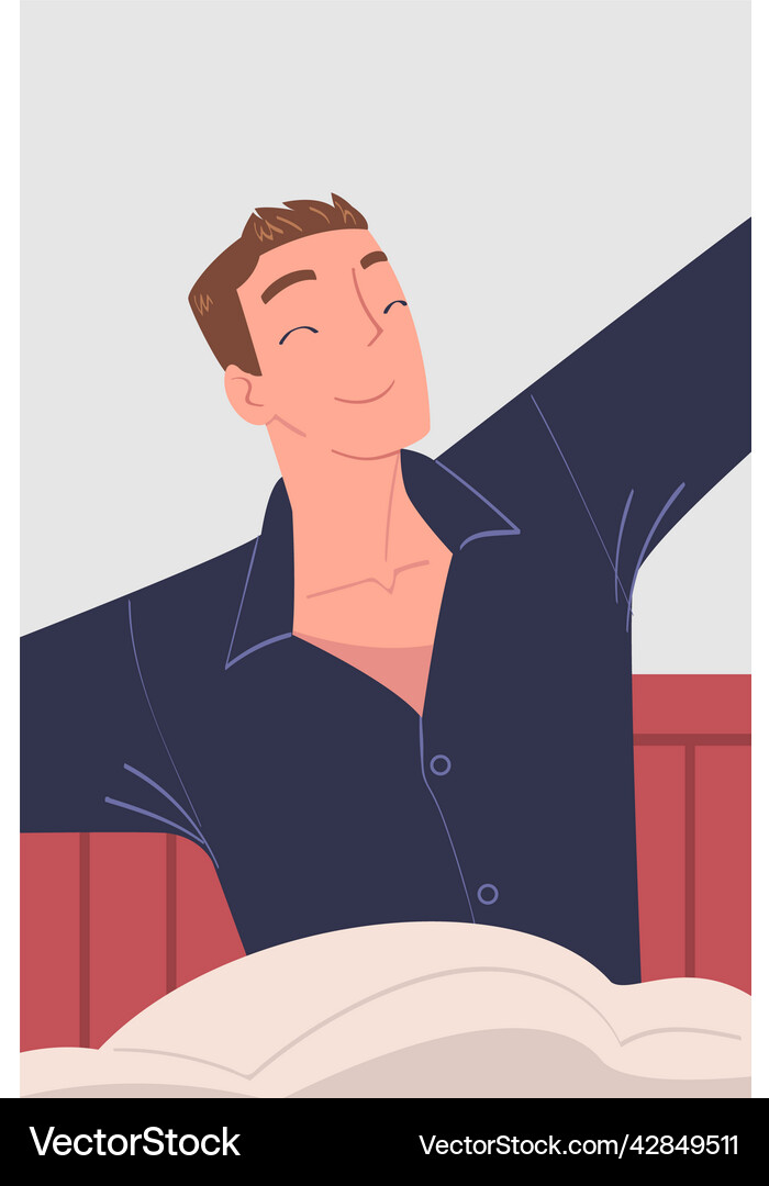Man character waking up feeling happy stretching Vector Image
