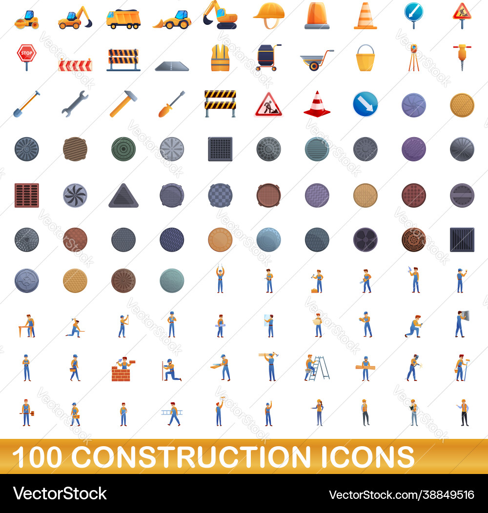 100 construction icons set cartoon style Vector Image