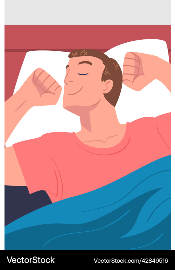 Man character waking up feeling happy stretching Vector Image