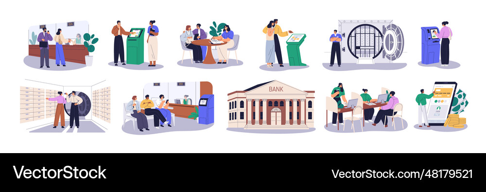Clients in bank office set finance services Vector Image