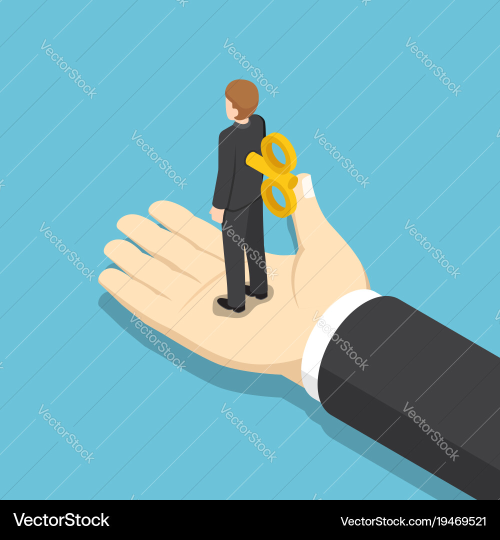 Isometric businessman with wind-up key on his back