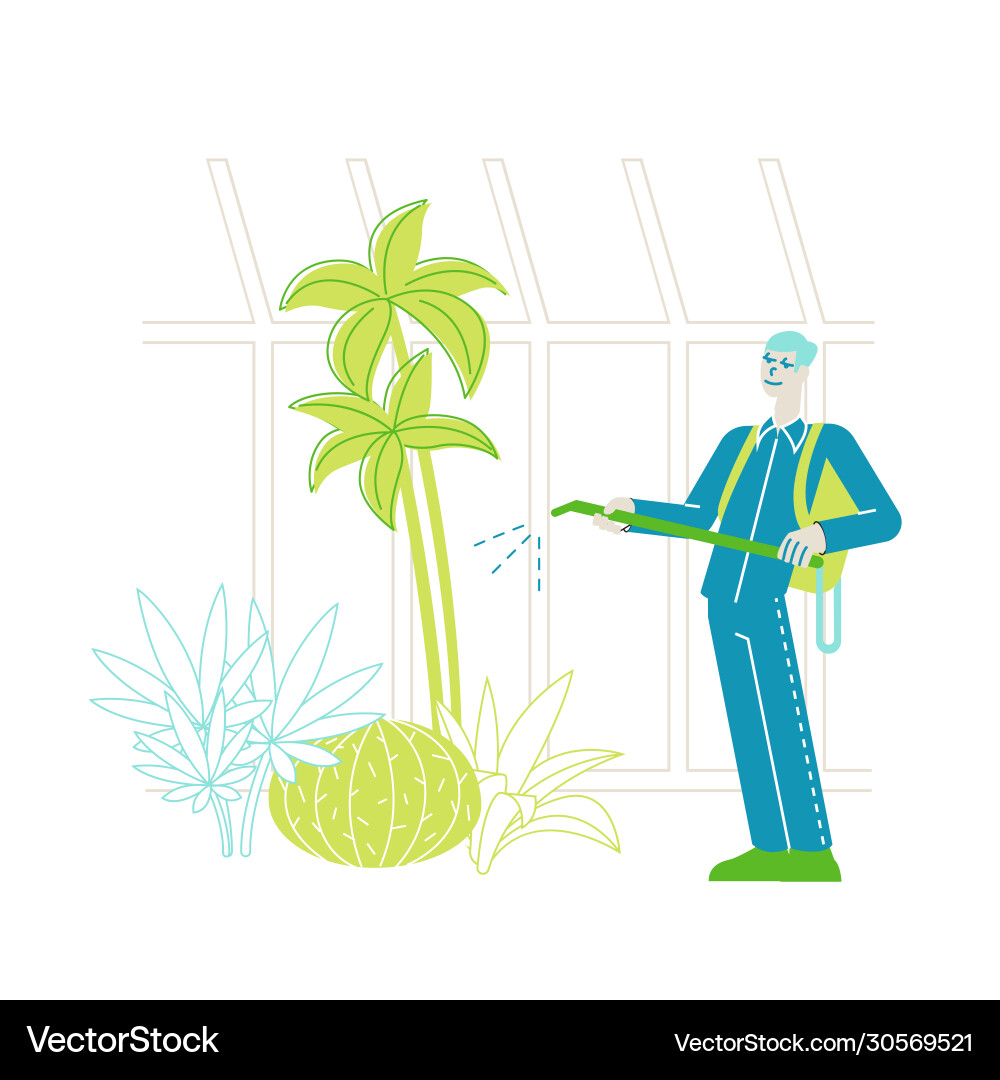 Worker or gardener character spraying fertilizers Vector Image