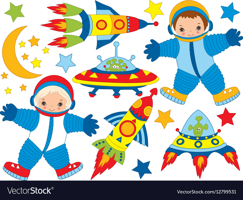 Astronaut UFO and rocket Royalty Free Vector Image
