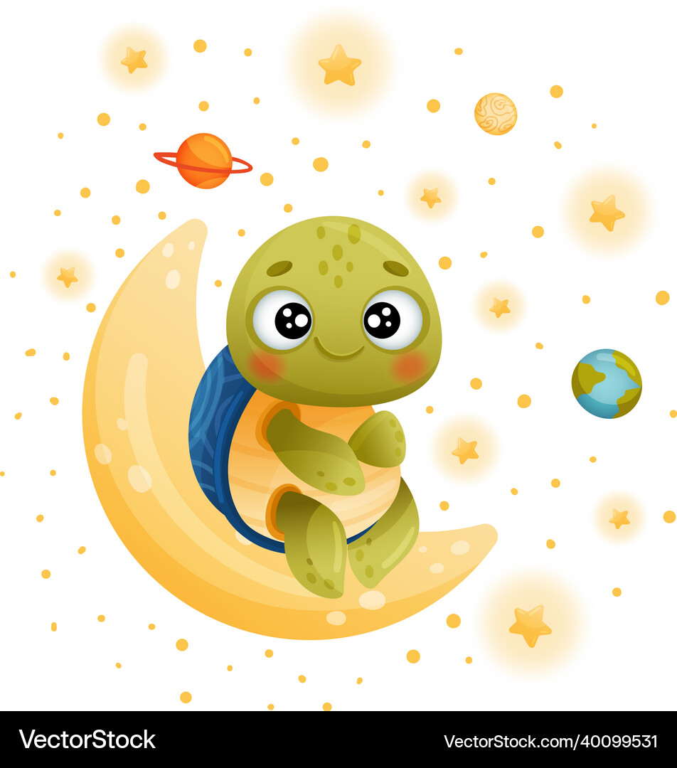 Cute turtle astronaut sitting on moon adorable Vector Image