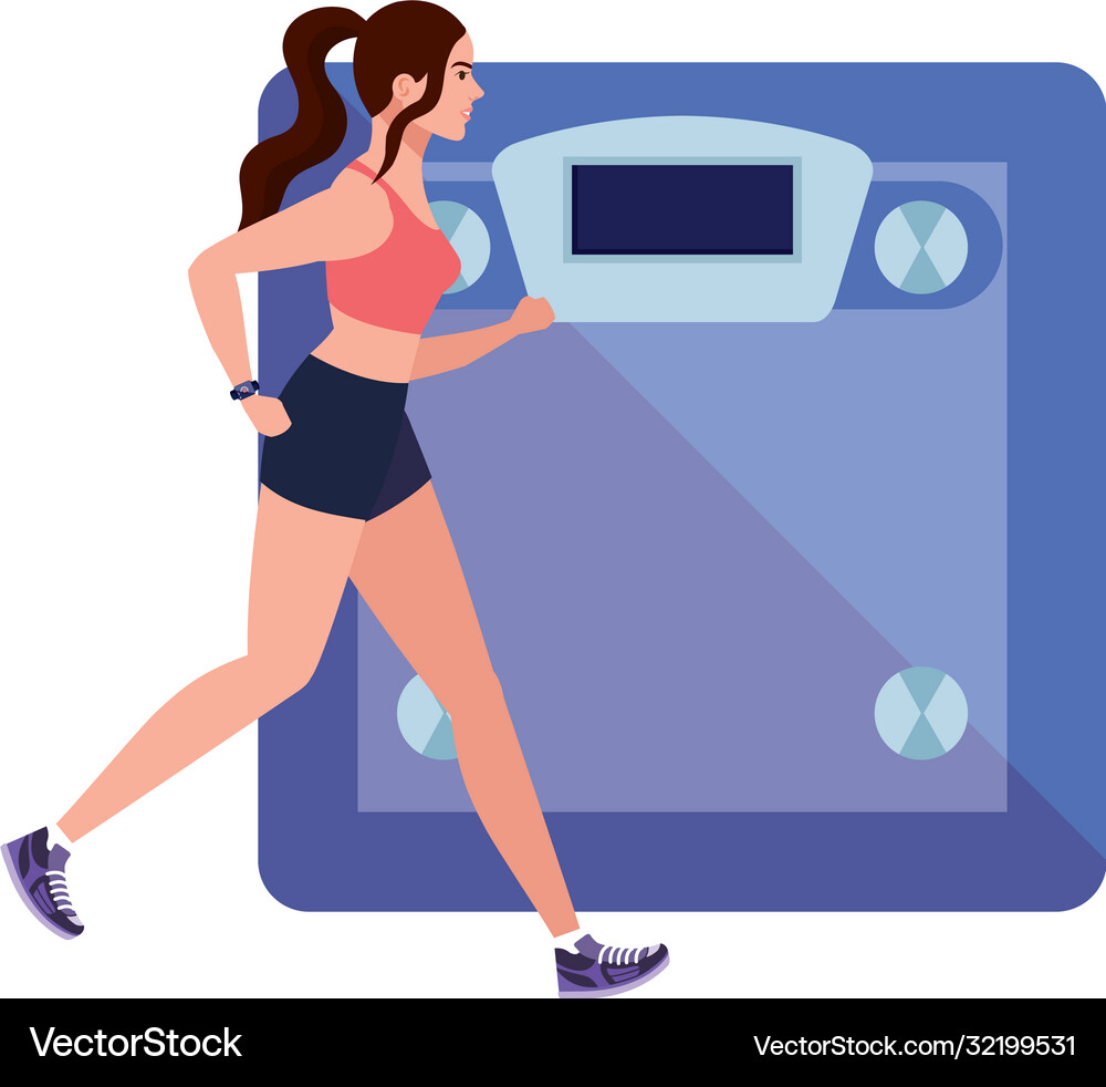 Woman running with weighing scale background Vector Image