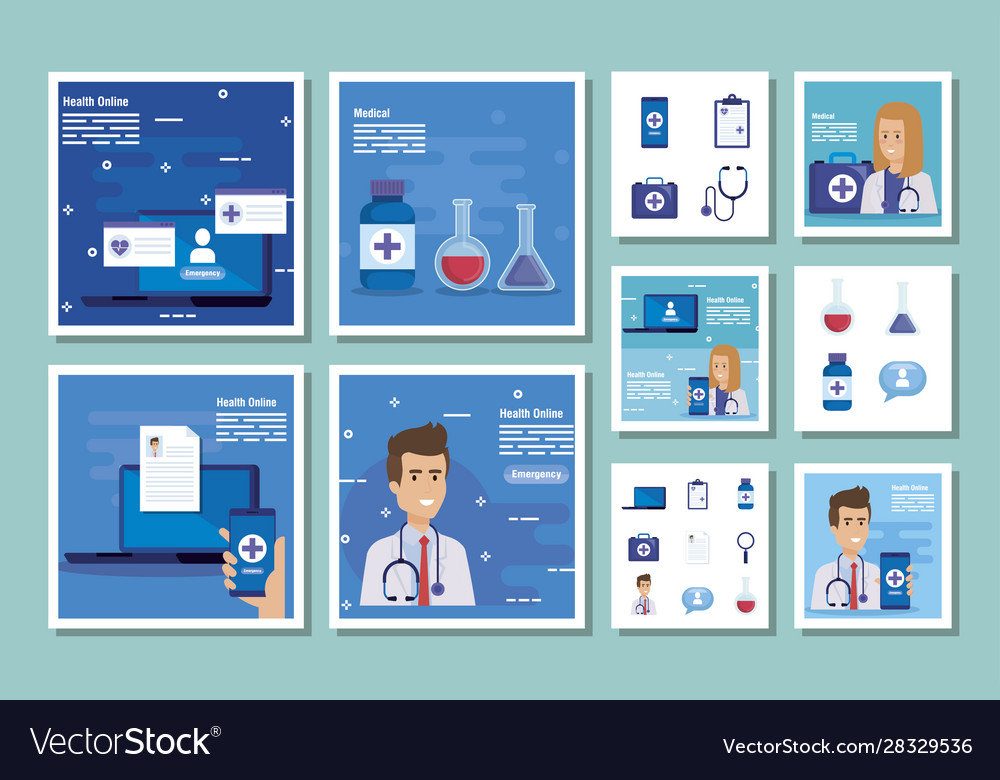 Bundle medicine online and icons Royalty Free Vector Image