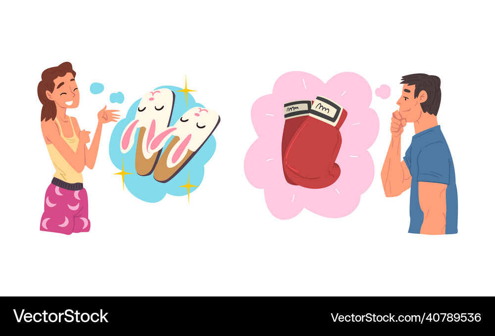 Man and woman thought need in cloud set Royalty Free Vector