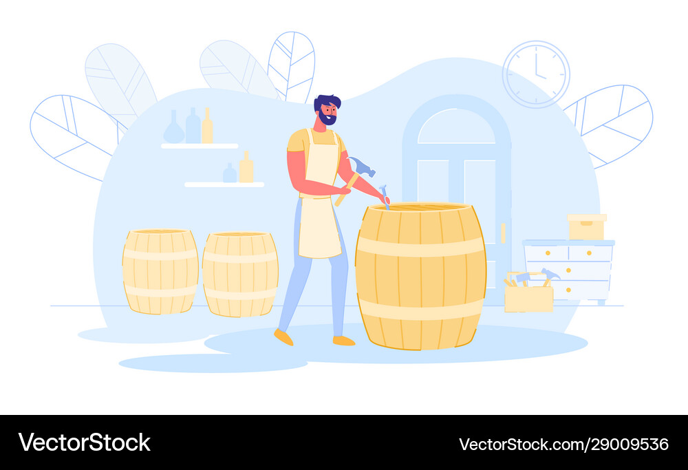 Professional cooper in apron making wooden barrel Vector Image