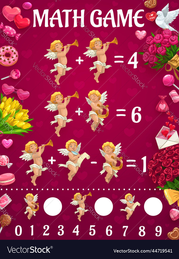 Math game worksheet with valentine cupids Vector Image