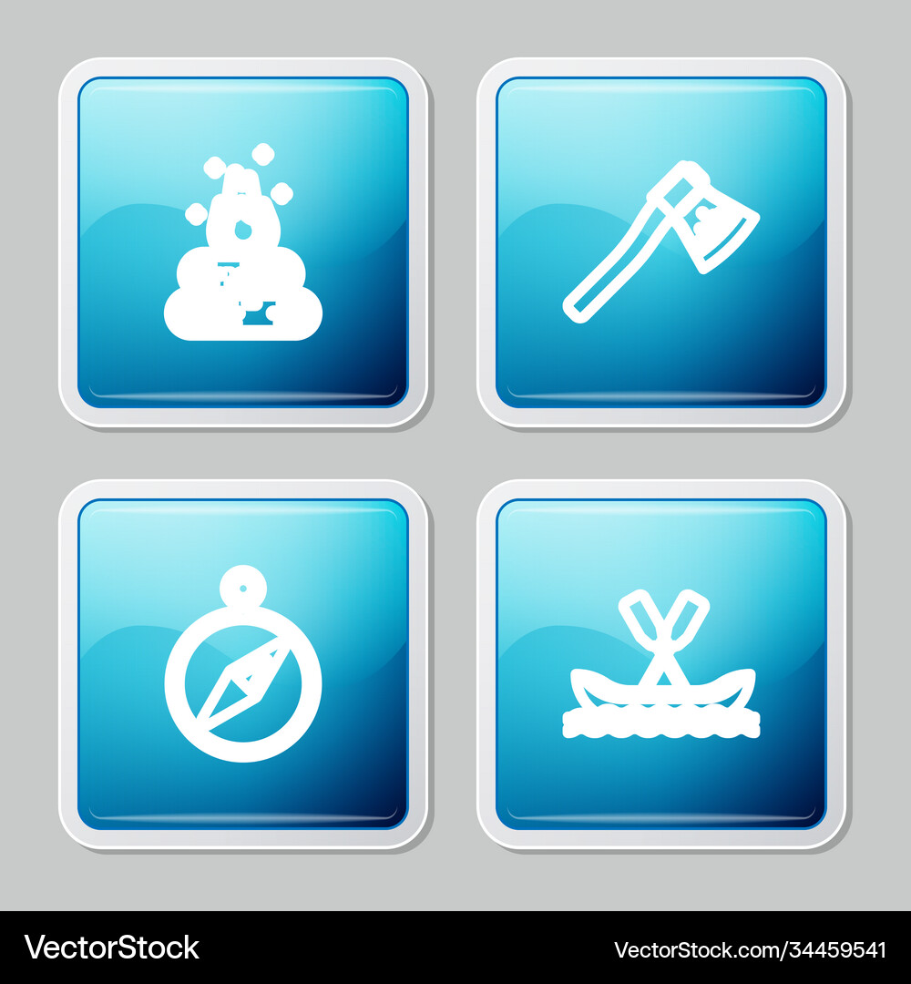 Set line campfire wooden axe compass and rafting Vector Image