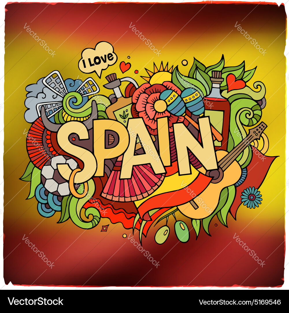 Spain country hand lettering and doodles elements Vector Image