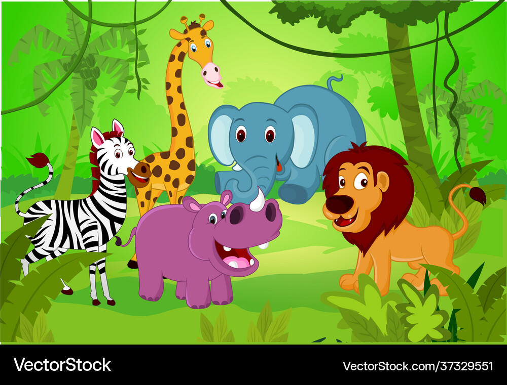 African animals cartoon in forest Royalty Free Vector Image