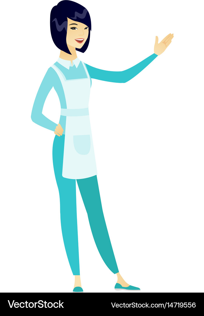 Asian cleaner pointing at something by hand Vector Image