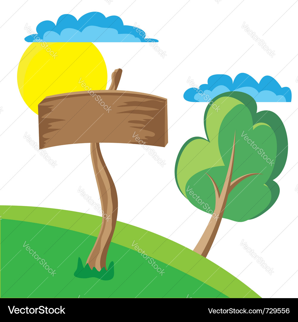 Wooden board sign with clouds sun and tree Vector Image