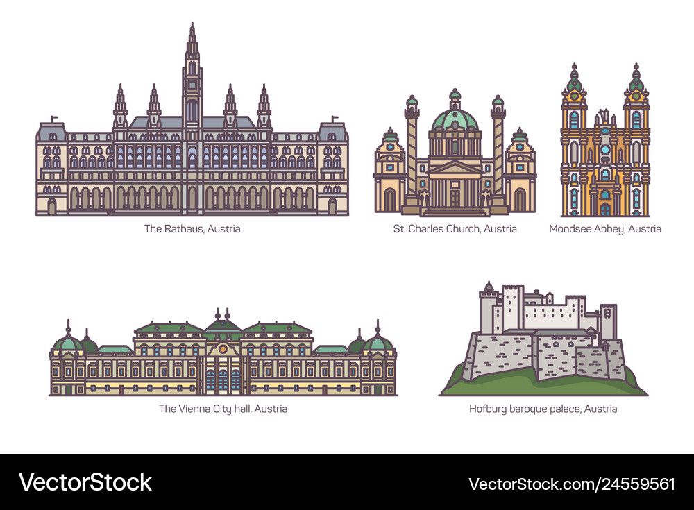 Set isolated austria landmarks in color Royalty Free Vector
