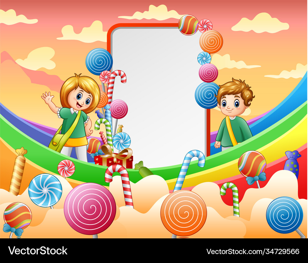 Kid and blank sign on rainbow Royalty Free Vector Image