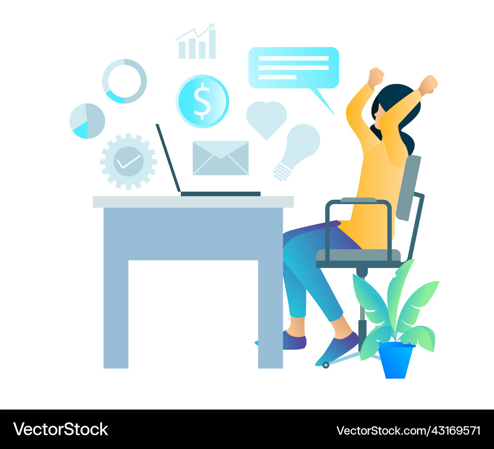 Happy woman at work desk Royalty Free Vector Image