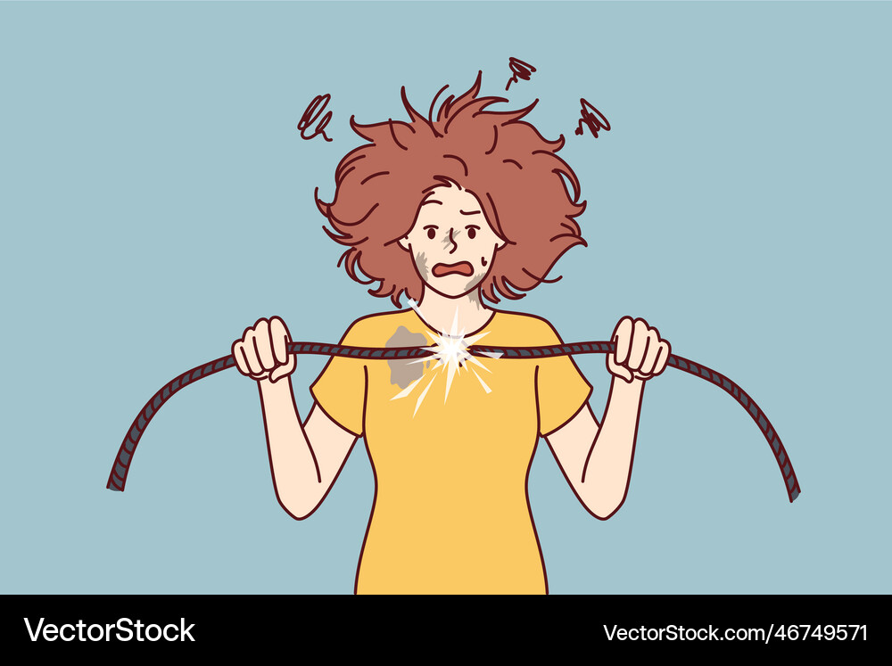 Woman with damaged electrical wire suffers from Vector Image