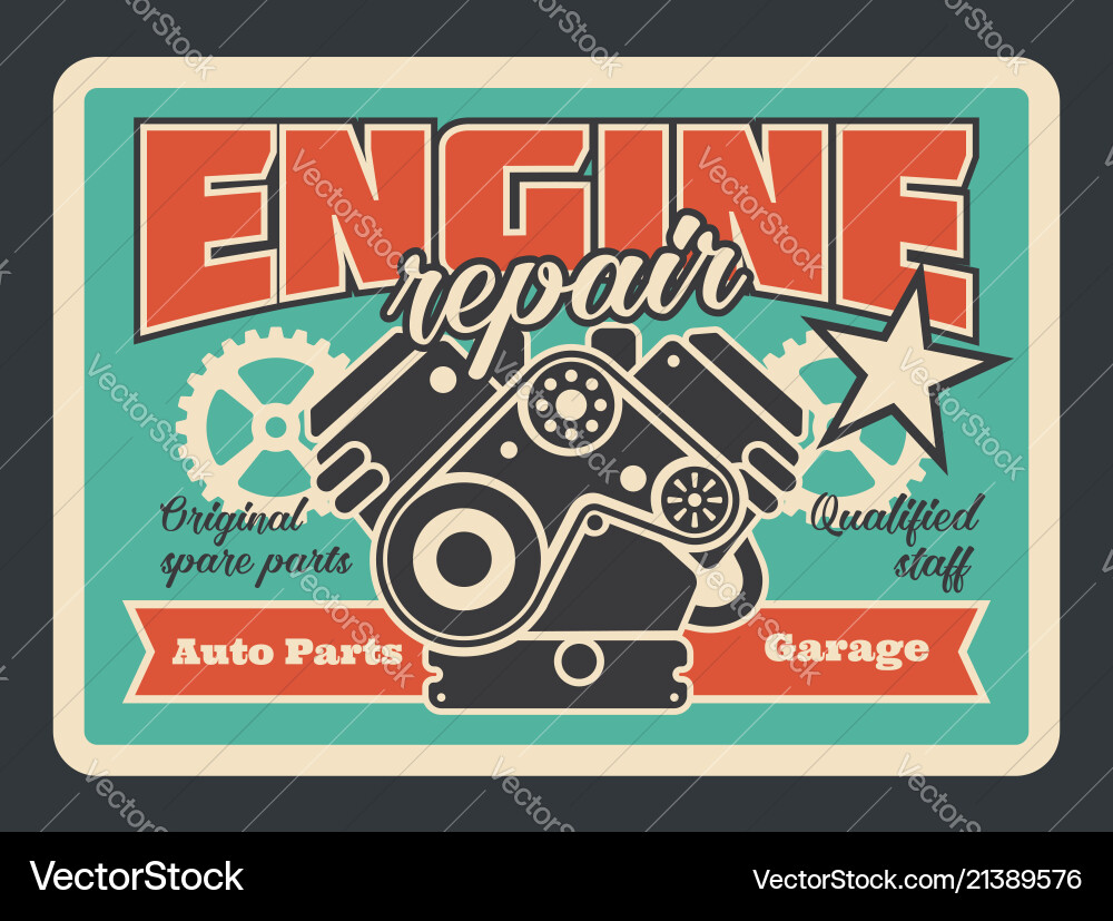 Car engine repair service retro poster Royalty Free Vector